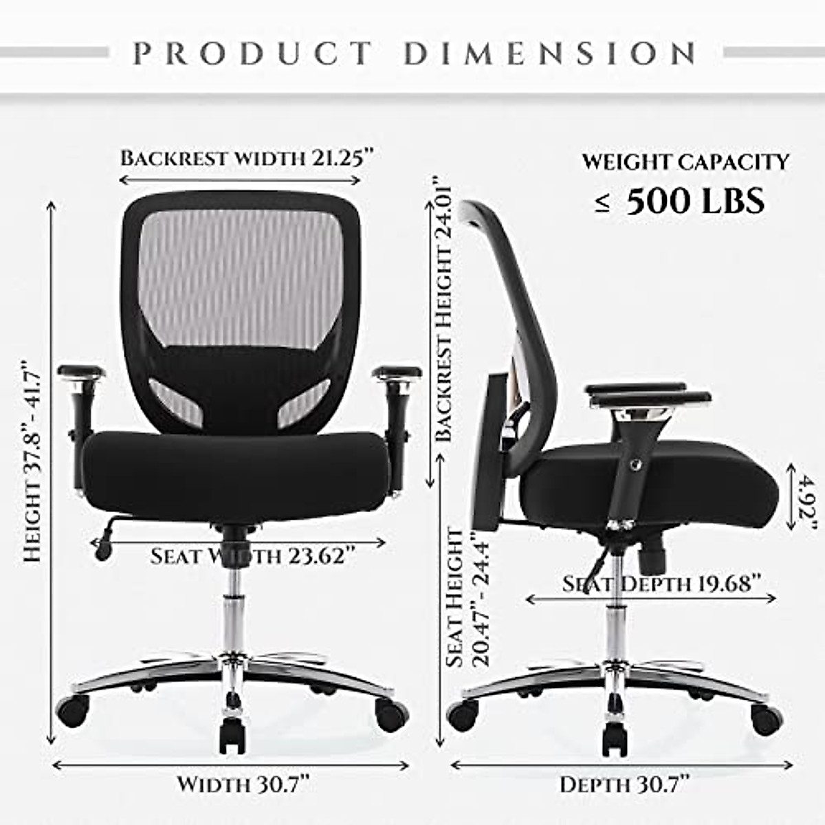 Big and Tall Office Chair 500lbs, Heavy Duty Ergonomic Mesh Chair, Computer Executive Desk Chair with Wide Thick Seat, 4D Armrests, Adjustable Lumbar Support and Tilt-Black