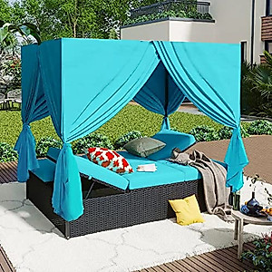 Ufurpie Outdoor daybed with Canopy,Sunlounger with Curtains,Poly Rattan Outdoor Lounge Sunbed for Backyard Multi Colors (Blue)