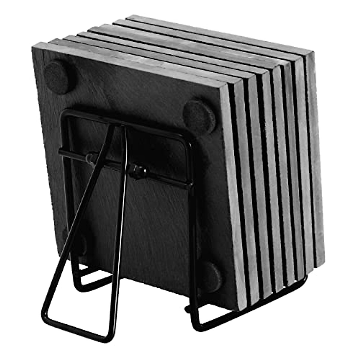 Set of 8 Square Black Slate Coasters with Holder for Coffee Table (4x4 in)