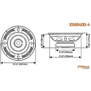 PRV AUDIO 10MB400-4 10" Midbass Speaker - 10 Inch Mid Bass Loudspeaker for Pro Audio Systems - 4 Ohms, 400 Watts Program Power, 200 Watts RMS Power, 96 dB 10 Inch Mid-Bass Speaker (Single)