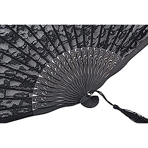 Womens Multi Color Handmade Cotton Lace Folding Hand Fan (Black-A) (Black)