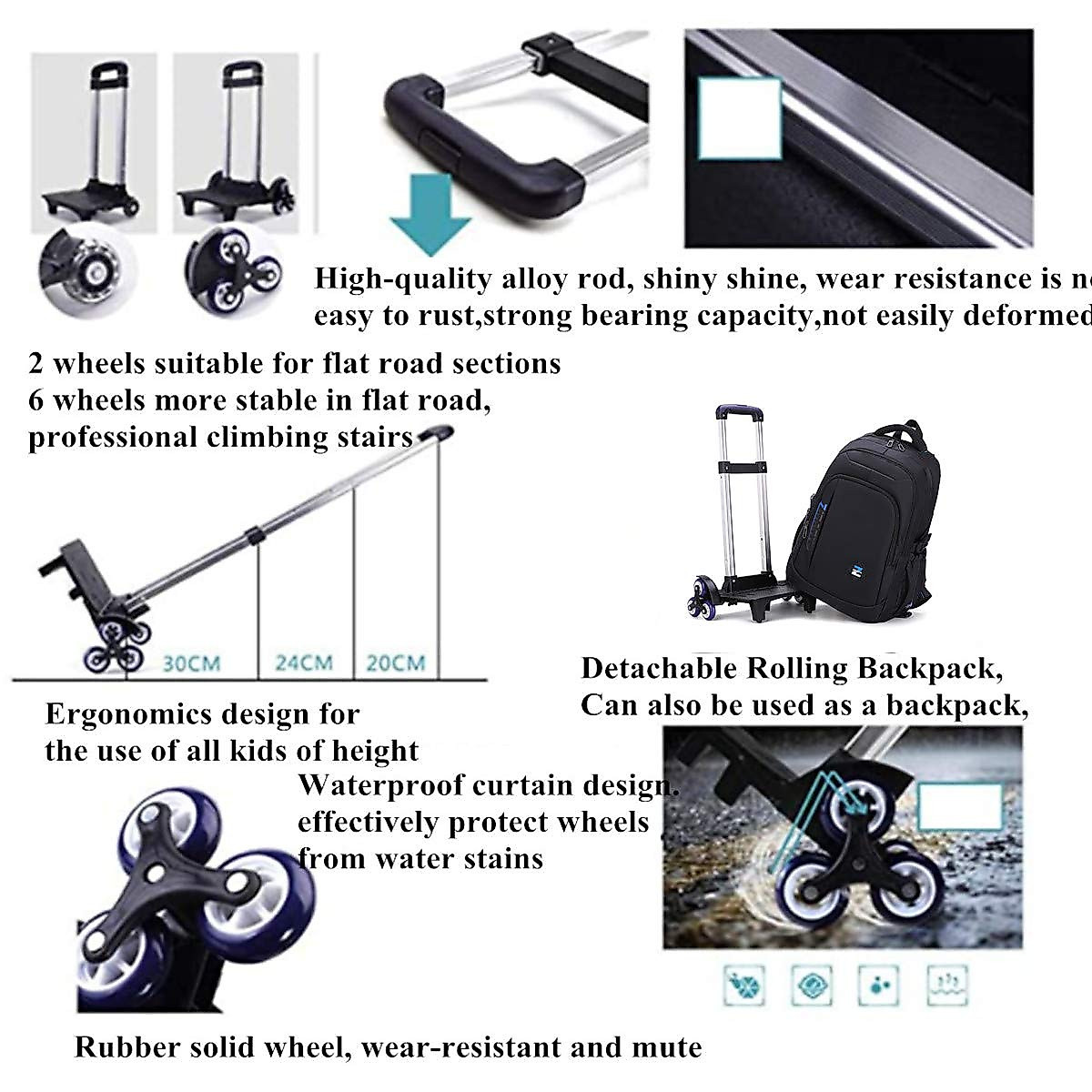 VIDOSCLA Elementary Trolley Backpack Senior High School Rolling Carry-on Luggage Book Bag with Wheels for Teens