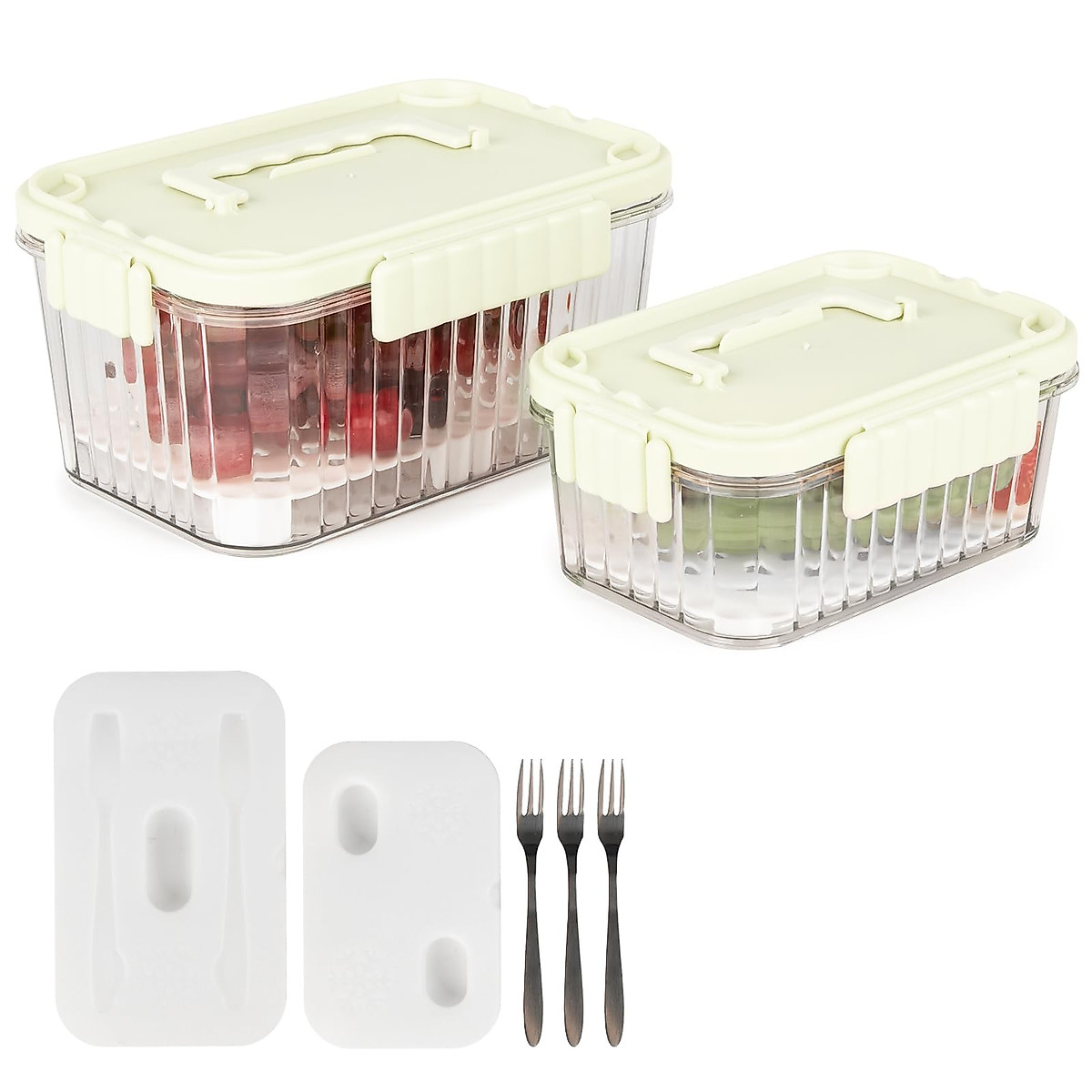 2 Pack Food Storage Containers with Lid, Portable Fruit Saver Berry Snack Keeper Container with Handle & Ice Sheet & Fork, Keep Fruits Food Fresh, for Fridge, Picnic, Office, Party, Camping (Yellow)