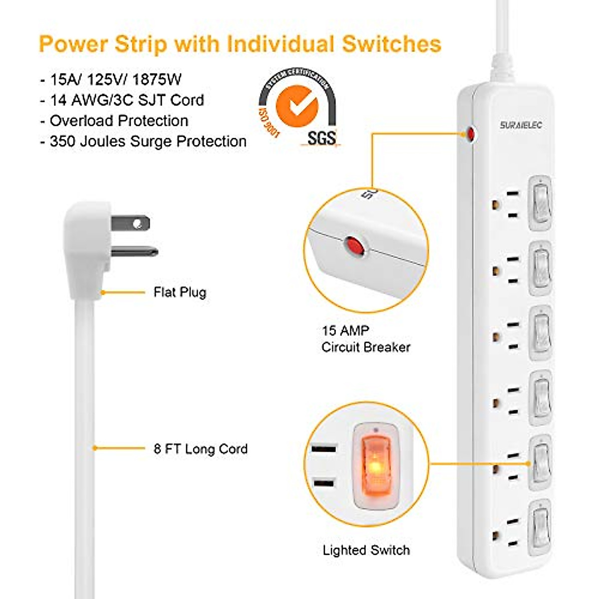 Suraielec Power Strip Individual Switches, 8 FT Long Flat Plug Extension Cord, 6 Outlet Surge Protector with On Off Switches for Each Outlet, 15 AMP Safety Circuit Breaker, Wall Mountable