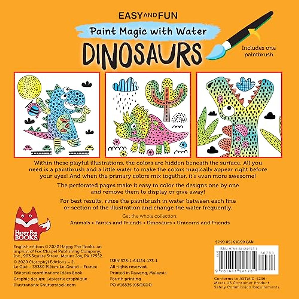Easy and Fun Paint Magic with Water: Dinosaurs (Happy Fox Books) Paintbrush Included - Mess-Free Painting for Kids 4-6 to Create a T. Rex, Triceratops, Pterodactyl, and More