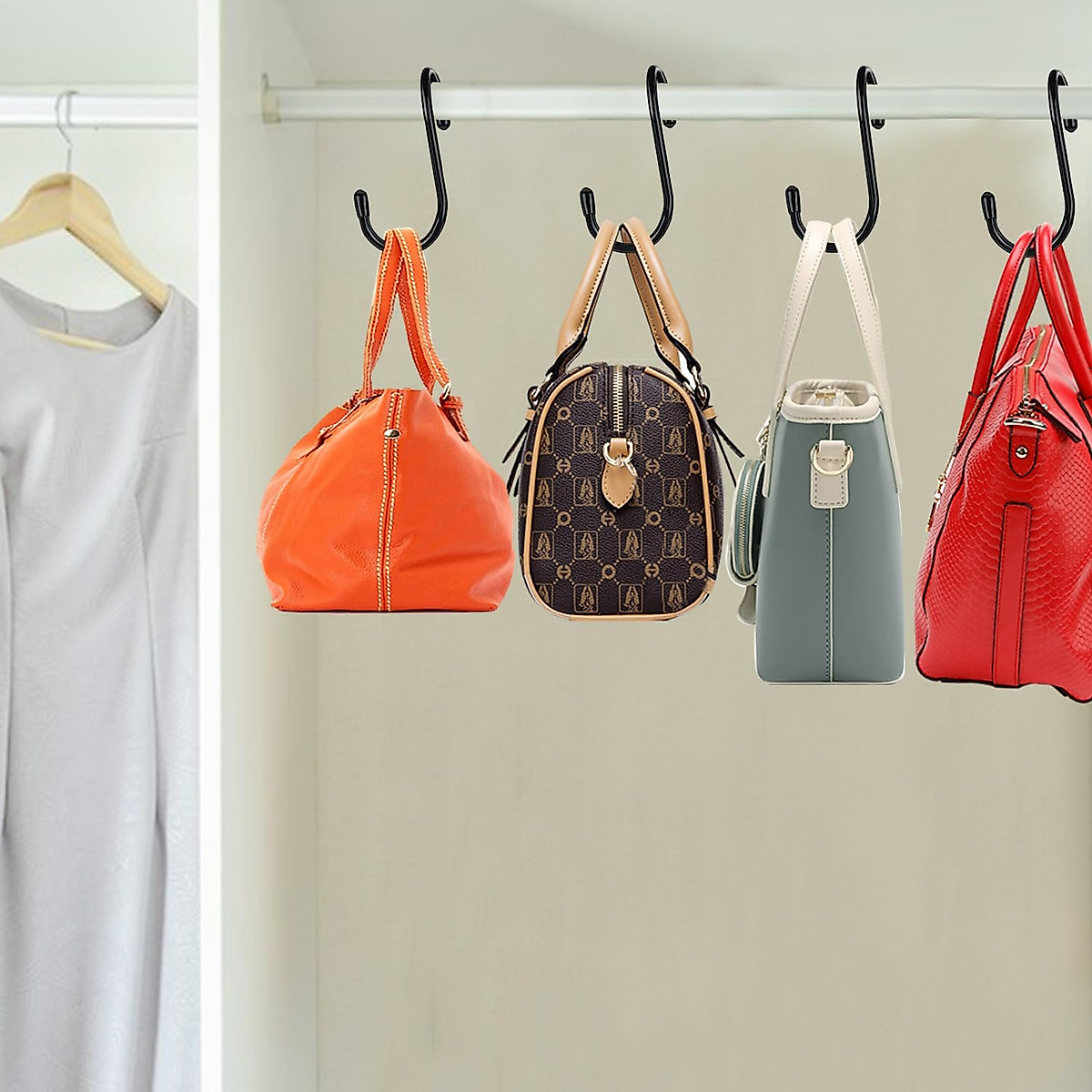 HiGift Purse Hanger for Closet, Unique Twist Design Black Vinyl Coated Bag Hanger Organizer Hooks, Large Closet Hooks Purse Organizer for Hanging Purses,Handbags,Belts,Hat,Backpack,Jeans -8 Pack