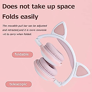 Wisoqu Cute Cat Ear Glowing Wireless Bluetooth Headphone HiFi Sports Folding Headset with Led Light Cat Ear Bluetooth Headphones Over Ear Childrens Foldable Headphones(Milk Powder White)