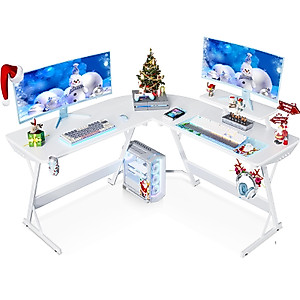 MOTPK White L Shaped Gaming Desk, 51 Inch Gamer Desk Gaming Table with Carbon Fiber Texture, Corner Computer Desk L Shape with Monitor Stand & Cup Holder & Headphone Hook, Gift Ideas