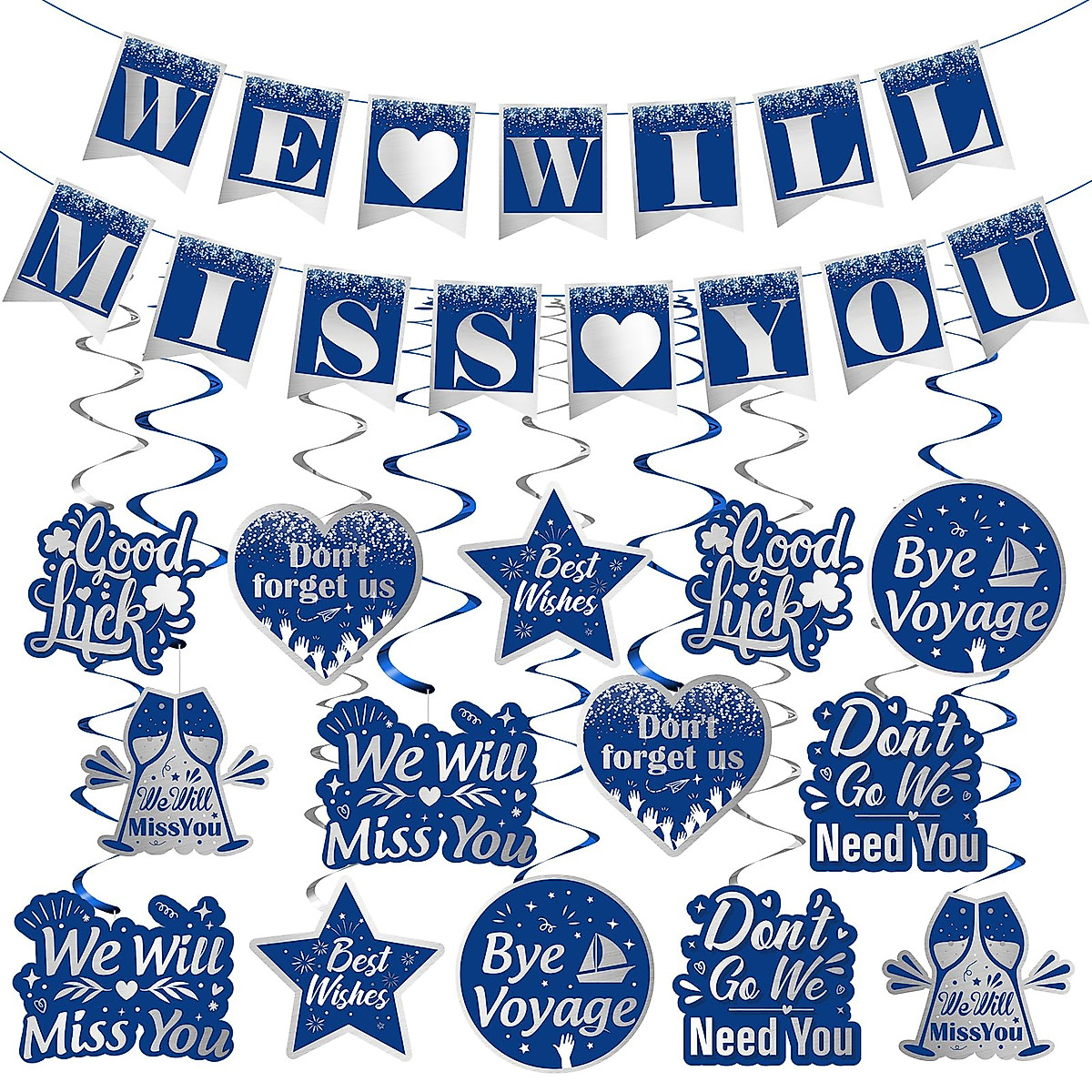 Blue Farewell Party Decorations Navy Blue Silver We Will Miss You Banner and 14Pcs Good Luck Hanging Swirls for Retirement Farewell Going Away Graduation Office Job Change Goodbye Party Supplies Decor
