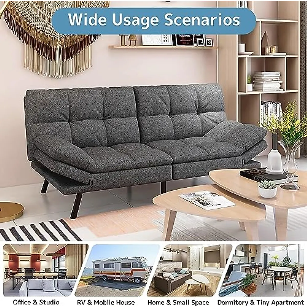 wOod-it Futon Sofa Bed, Memory Foam Foldable Couch Convertible Loveseat Sleeper Daybed with Adjustable Armrests for Small Space, Compact Living Room, Studio, Office, Apartment (Dark Gray)