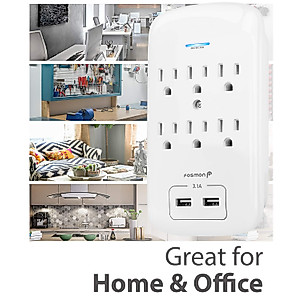 Fosmon 6 Outlet Surge Protector 1200 Joules with 2 USB Ports Charger (3.1A), Multi Plug Outlet Extender 1875 Watt, 3-Prong Grounded Wall Tap Adapter