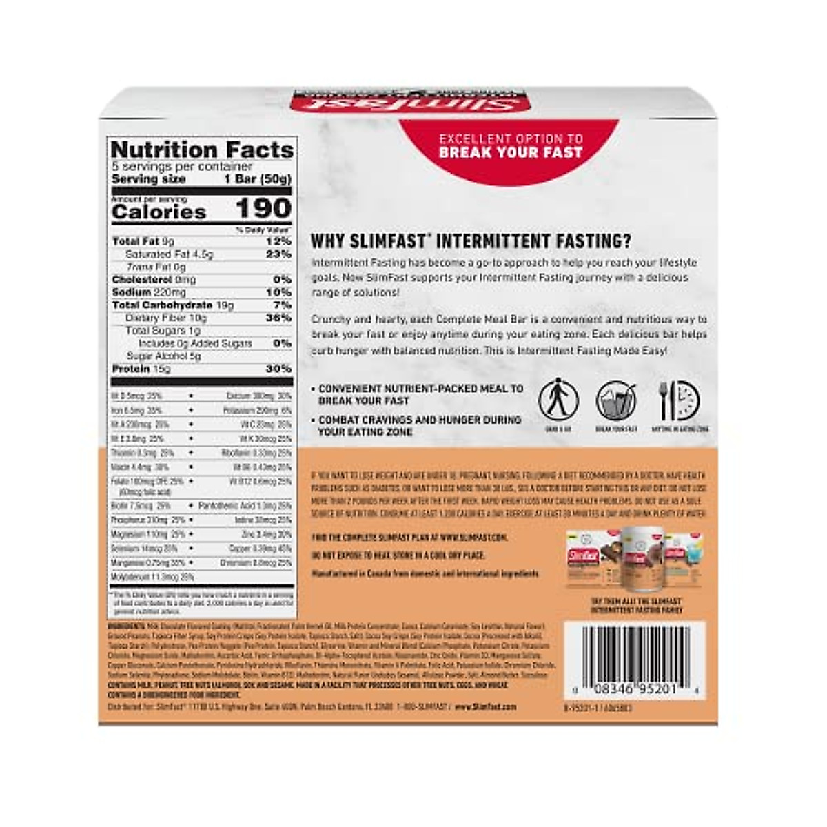 SlimFast Intermittent Fasting- Complete Meal Protein Bars, Chocolate Nut Crunch, 5 Bars (Pack of 1)