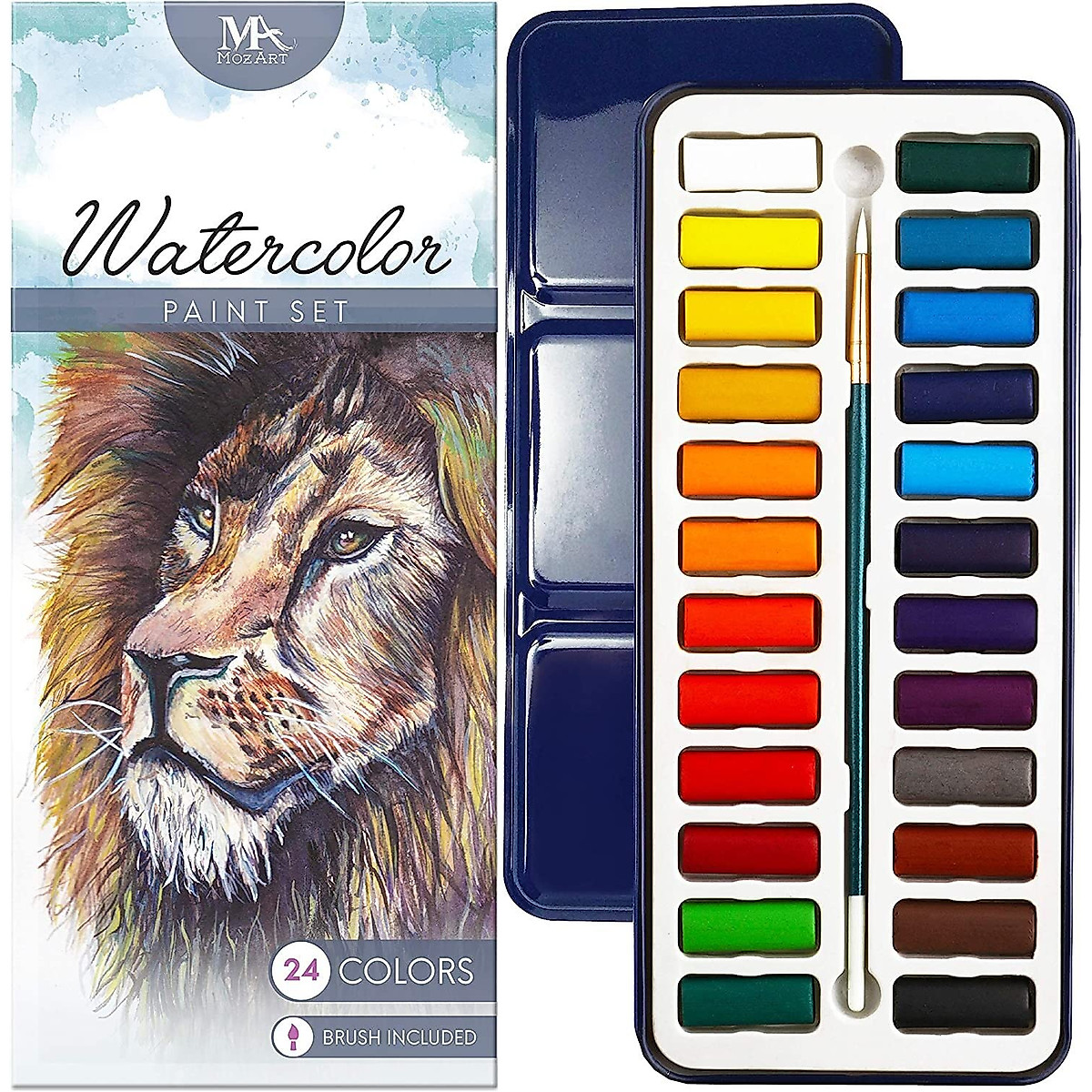MozArt Supplies Watercolor Paint Essential Set - 24 Vibrant Colors - Lightweight and Portable - Perfect for Budding Hobbyists and Professional Artists - Paintbrush Included
