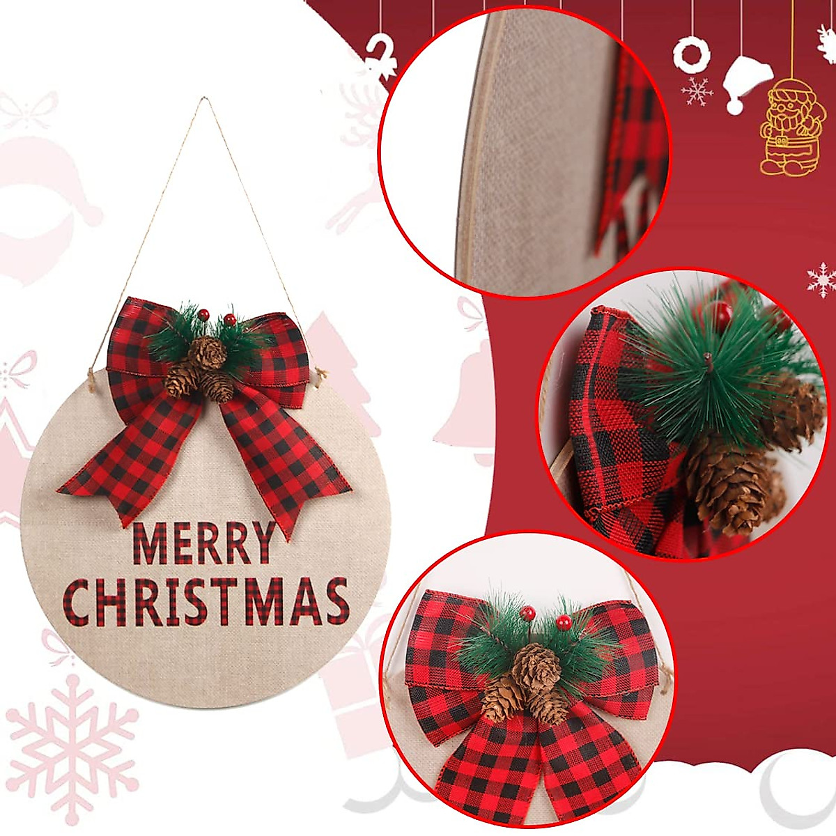 Merry Christmas Wreath Hanging Sign Front Door Round Wood Sign with Buffalo Check Bow, Rustic Xmas Linen Holiday Decor for Farmhouse Porch Living Room Home Garden Christmas Decoration.