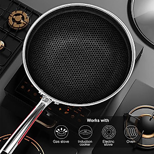 316L Stainless Steel Non Stick Wok Pan with Lid,12.6 Inch Saute Pans Nonstick Stir Fry Pan suit for Induction Cooktop, Gas, Ceramic and Electric Stove,Safe for Dishwasher and Oven,Stay-Cool Handle