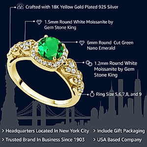 Gem Stone King 18K Yellow Gold Plated Silver Green Simulated Emerald Women Engagement Ring (1.09 Cttw, Round 6MM, Available in size 5, 6, 7, 8, 9)