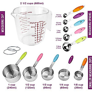 Measuring Cups and Spoons Set 11 Piece. Includes 10 Stainless Steel Measuring Spoons and Cups Set and 1 Plastic Measuring Cup. Liquid Measuring Cups Set and Dry Metal Measuring Cup Set