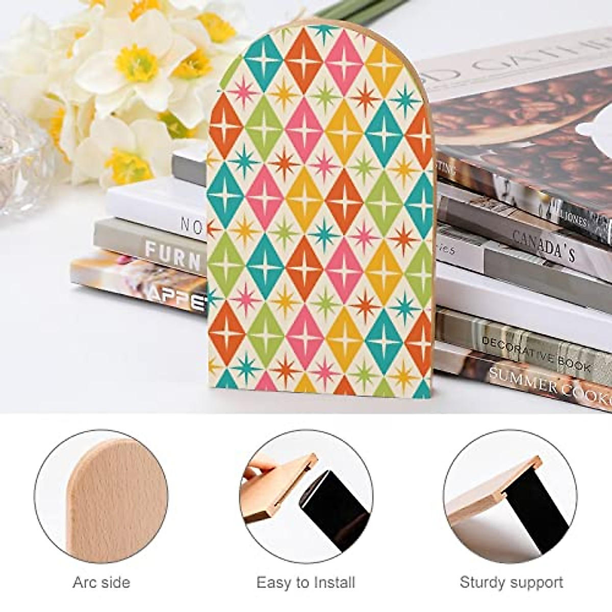 2 Pack Wood Bookends,Mid Century Starbursts On Diamond Decorative Book Ends Support for Shelves Desktop Organizer Wooden Bookshelf for Home School Office