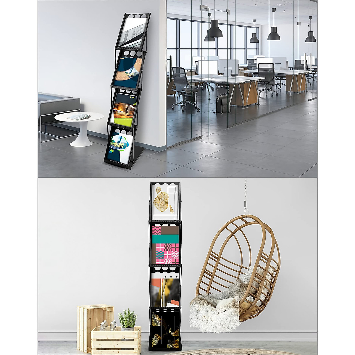 QWORK Magazine Brochure Display Rack Stand, 4 Pocket Foldable Literature Catalog Rack Book Holder Tradeshow Display Stand, for Office Store and Exhibition Trade Show (Black)