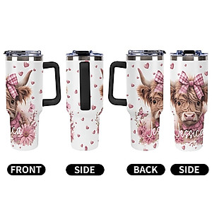 Zxyhomex Personalize Cute Pink Cow Print Tumbler 40 oz with Handle Straw Lid, Heifer 40oz Vacuum Insulated Coffee Mug, Highland Cow Birthday Gifts