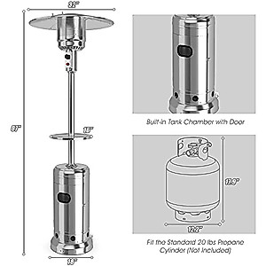 COSTWAY Patio Heater, 48000 BTU Propane Heater with Drink Shelf Tabletop, Simple Ignition System, Base Reservoir and Wheels, Standing Outdoor Space Heater for Patio, Garden and Backyard (Silver)