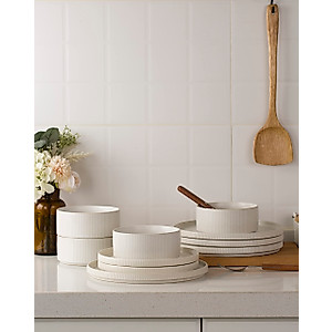 Famiware Star Dinnerware Sets, Plates and Bowls Set for 4, 12 Piece Dish Set, Full Glaze Matte White