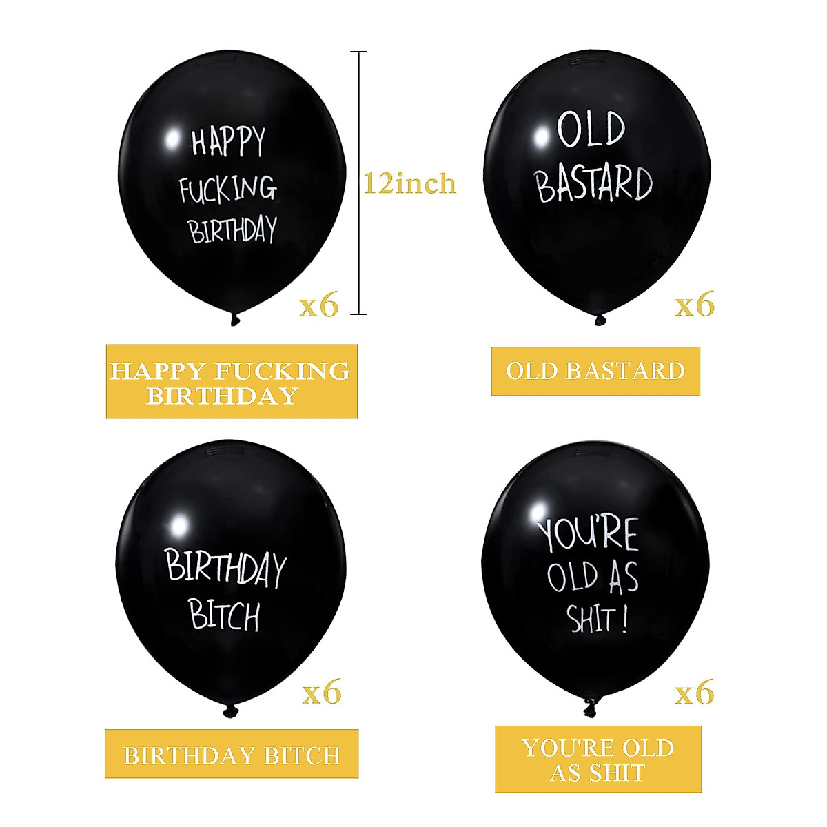 24Pcs Black Abusive Balloons 12 Inches Funny Abusive Old Age Birthday Party Balloons Cute Offensive Rude Latex Birthday Balloons for Men Women Adults Birthday Party Supplies Indoor/Outdoor