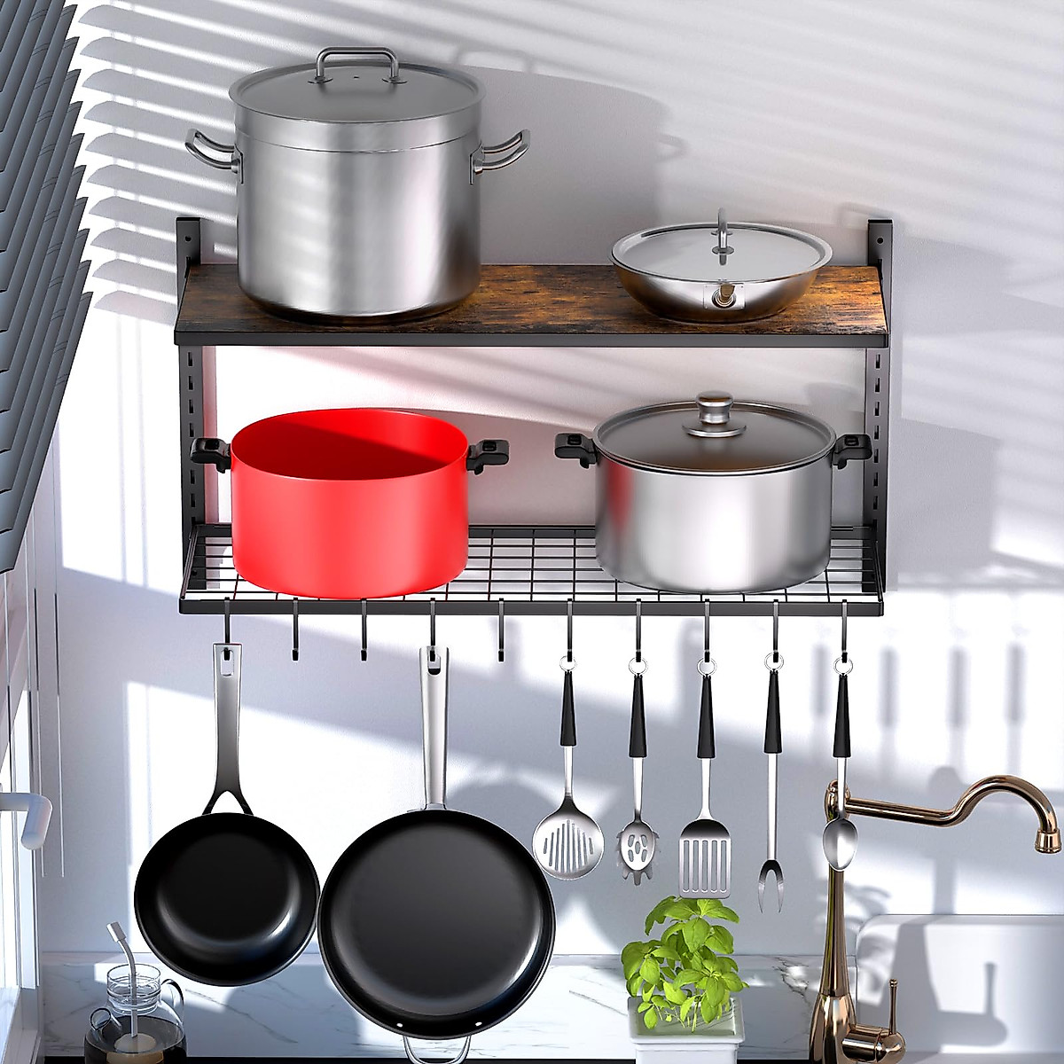 HOYRR Pot Rack Wall Mounted,Pot Hanger,Wall Rack for Pots and Pans,Adjustable Wall Mount Pot Rack,Wall Pot Rack is a Combination of Wood and Iron,Measures 28.7 x 10 x 16 Inches.(With 12 S-hooks)
