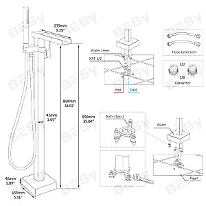 BESy Freestanding Bathtub Faucet Waterfall Tub Filler Oil Rubbed Bronze Floor Mount Brass Single Handle Bathroom Tub Faucets with 2 Function Hand Shower Wand