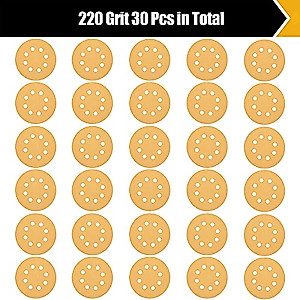 BOSHCRAFT 30 Packs Sanding Discs, 220 Grit 5 Inch Sanding Disc Hook and Loop Sandpaper 8 Holes Orbital Sander Sandpaper for Wood Metal Random Orbital Sander