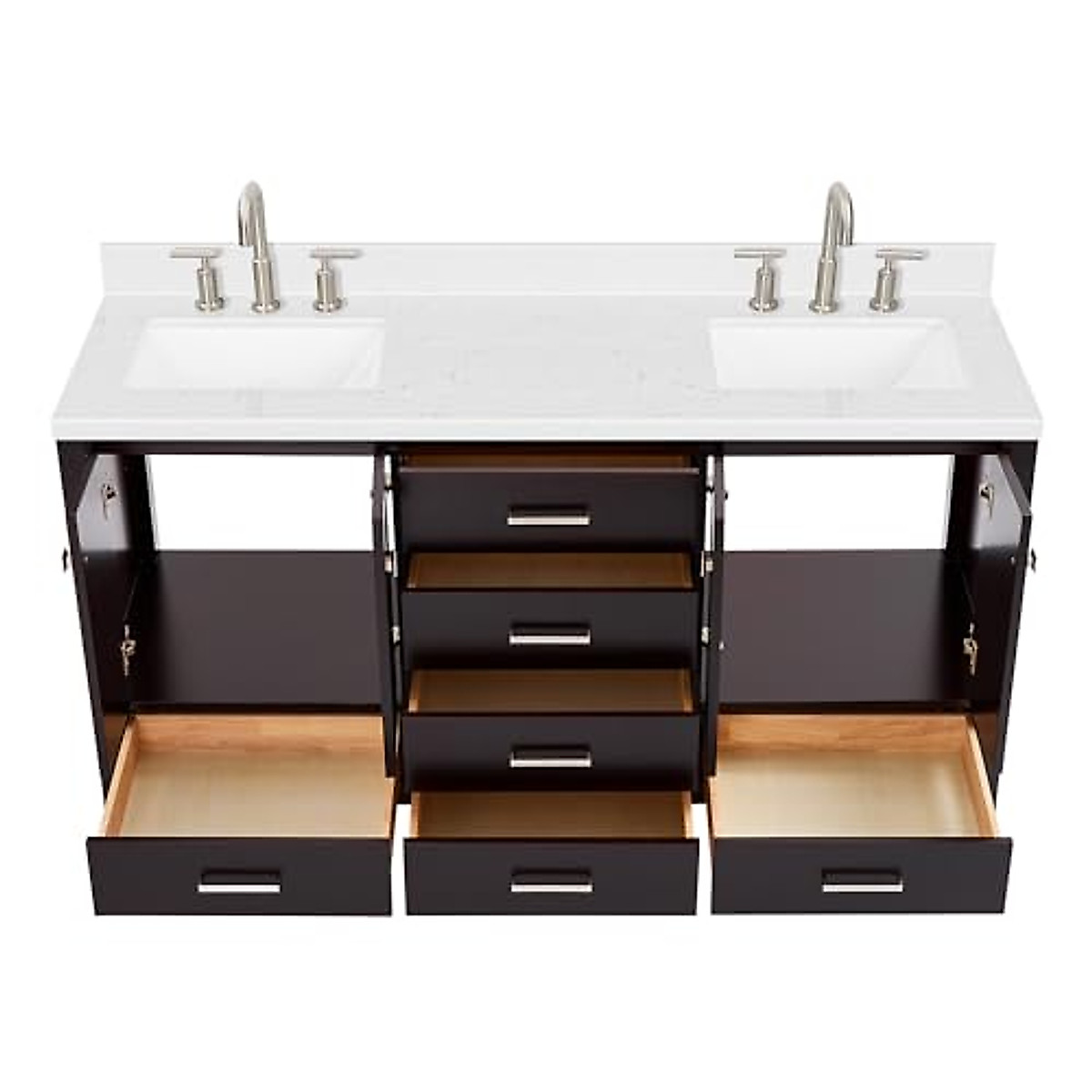 ARIEL Cambridge 66" Espresso Double Vanity, 1.5" Edge Carrara White Quartz Countertop & Splash, Rectangular Sinks, 4 Soft Closing Doors, 6 Full Extension Dovetail Drawers, Brushed Nickel