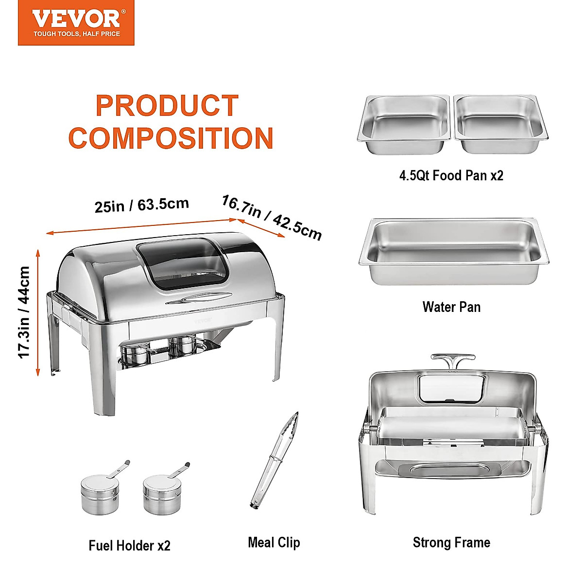 VEVOR Roll Top Chafing Dish Buffet Set, 9 Qt, Stainless Steel Chafer with 2 Half Size Pans, Rectangle Catering Warmer Server with Visible Lid Water Pan Stand Fuel Holder Clip, for at Least 9 People