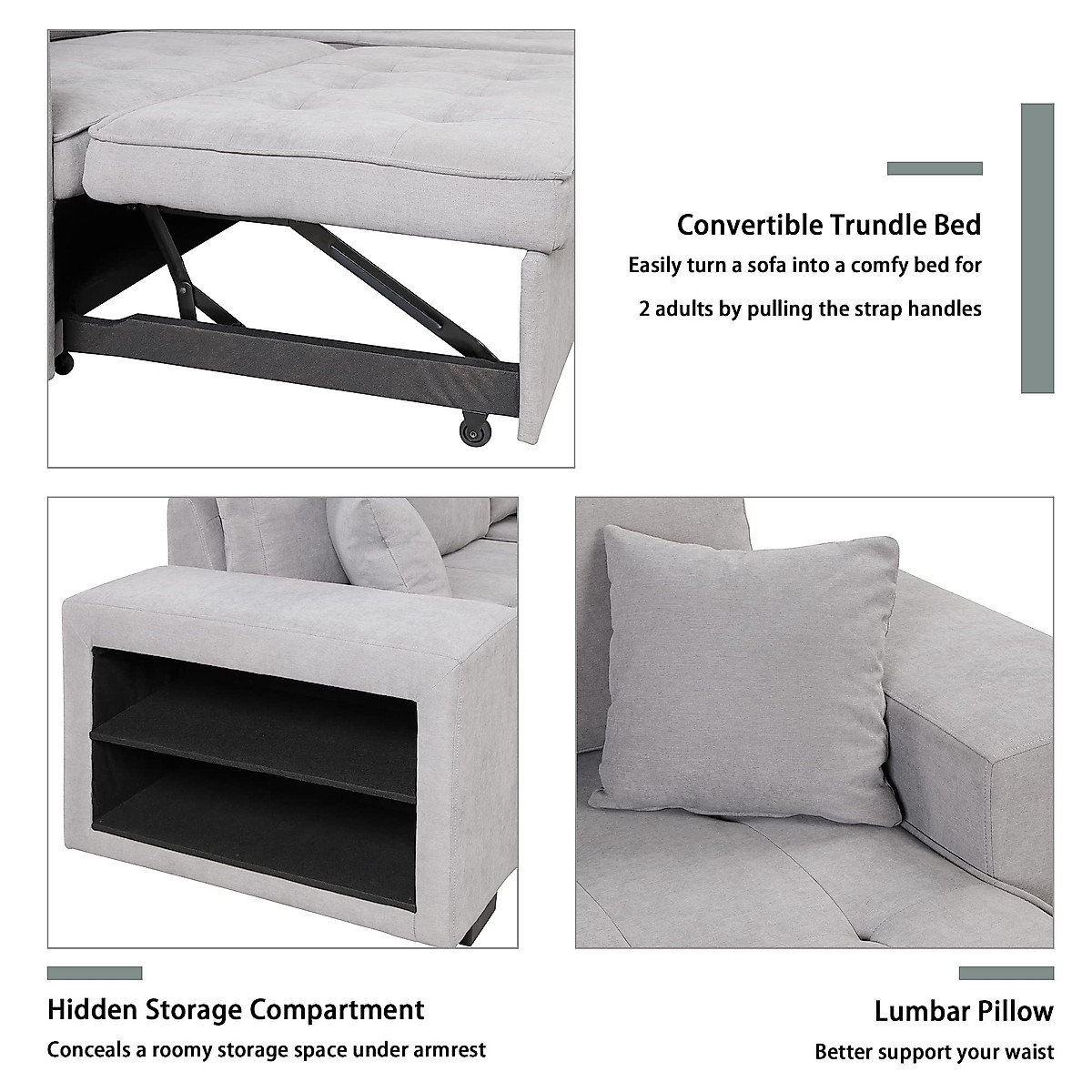 FANYE 2024 Linen Upholstery Pull Out Sleeper Sectional Sofa & Couch W/Stools and Shelves, L-Shaped Corner Upholstered Sofa Couch with 2 Pillows and Reversible Storage Chaise for Living Room