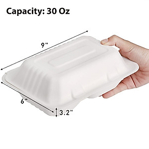 Elsjoy 90 Pack 9"x 6" Clamshell Take Out Containers, 2 Compartment Compostable Hinged Food Containers Disposable To Go Boxes, Sugar Cane Takeaway Boxes for Restaurant, Party, Microwave Safe