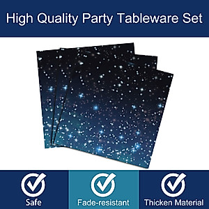 96 Pcs Galaxy Party Starry Night Supplies Tableware Set Outer Space Theme Birthday Star Party Table Decorations Solar System Paper Plates Napkins Forks for 24 Guests
