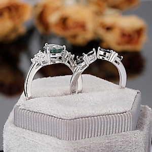 IRROYA 6x9mm Natural Pear Cut Moss Agate Bridal Ring Set,Cluster Genuine Moissanite Engagement Ring,V Shaped Open Ring Band, Sterling Silver Platinum, moss agate