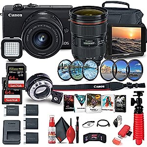 Canon EOS M200 Mirrorless Digital Camera with 15-45mm Lens (Black) (3699C009) + Canon EF-M Lens Adapter + 4K Monitor + Canon EF 24-70mm Lens + 2 x 64GB Memory Card + Case + Filter Kit + More (Renewed)