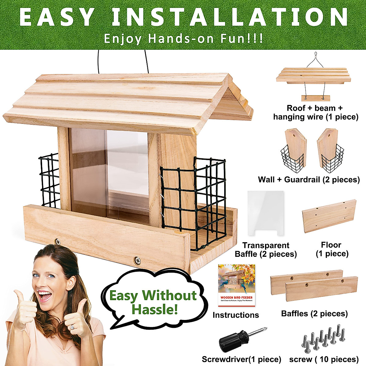 Bird Feeders for Outdoors Hanging - Wooden Bird Feeder Hopper, Cardinal Bird House Feeder, Large Bird Feeder with Suet Holder for Outside, Wild, Outdoors Hanging Pole