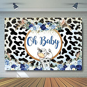 Avezano Milk Cows Baby Shower Backdrop Oh Baby Sign Baby Shower Party Decorations Blue Cow Stripes Floral Backdrops Cake Table Banners Boys Photography Backdground (7x5ft)