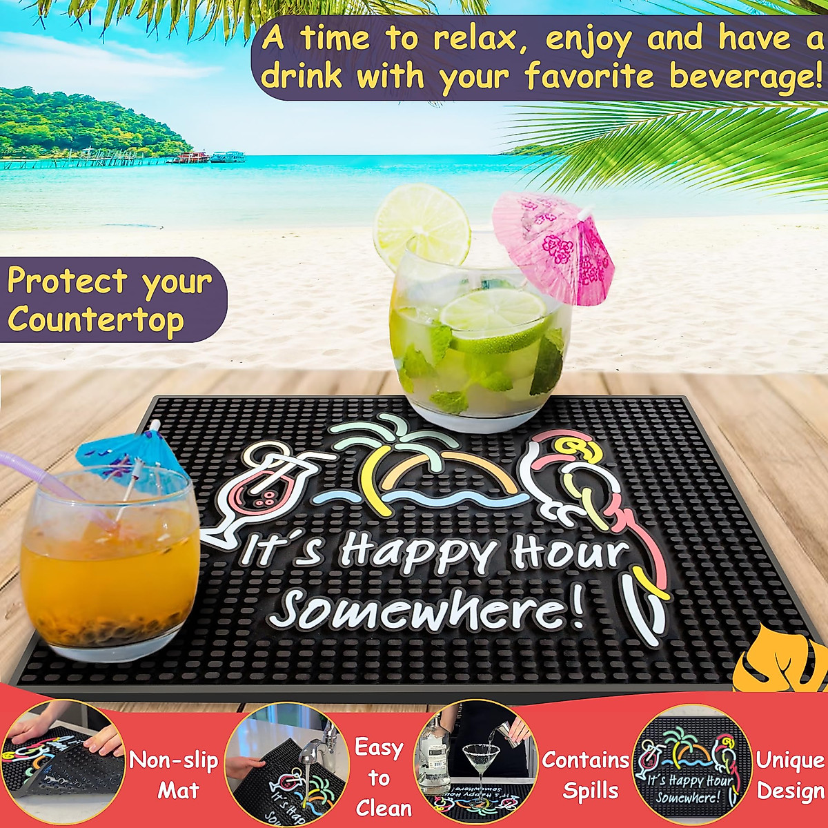 Tiki Bar Happy Hour Sign Rubber Bar Mat for Bartending 18x12 in, It's Happy Hour Somewhere Outdoor Tiki Bar Decor, Bar Mats for Countertop, Bar mat for Home Bar, Bartender Mat, Home Bar Accessories