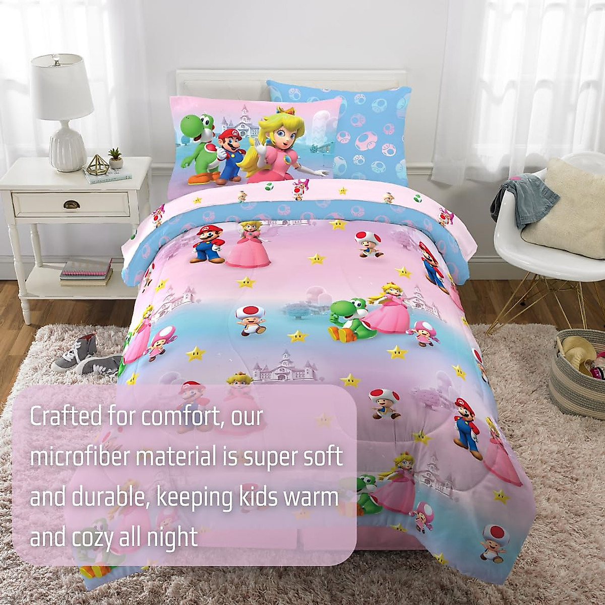 Franco Super Mario Girl Princess Peach Girl Gamer Kids Bedding Super Soft Comforter and Sheet Set with Sham, 5 Piece Twin Size, (Official Licensed Product)