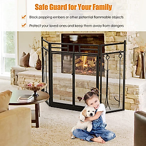Tangkula 3-Panel Folding Fireplace Screen with Magnetic Hinged Doors, Fire Spark Guard with Fireplace Tools Set, Wrought Iron Decorative Mesh Cover with Wood Burning Stove Accessories, Black