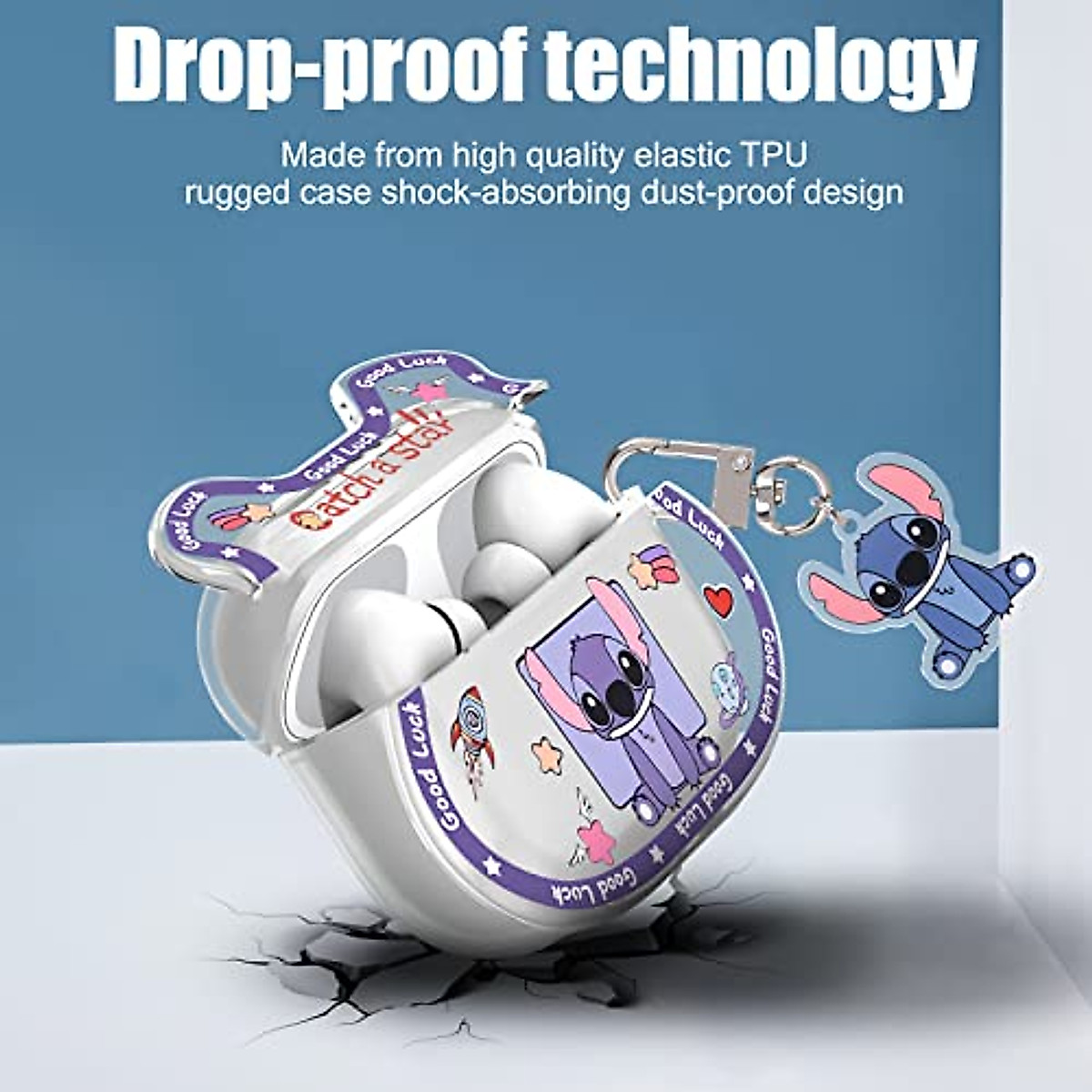 Cute Case for Airpods Pro Cover with Kawaii Blue Big Ear Dog Keychain for Women Girls Kid Funny Clear Protective Soft Silicone Cover Skin