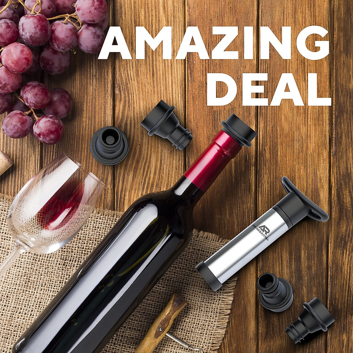 Premium Wine Pump Preserver Saver Kit - Includes Vacuum Pump & 4 Reusable Leak-Free Joystick Air Bottle Stoppers - Keeps your Wine Perfectly Fresh