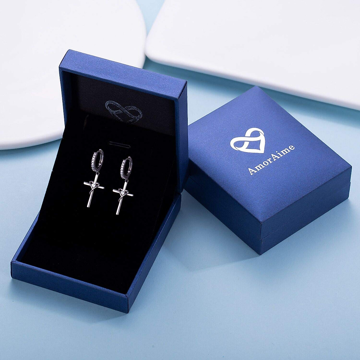 925 Sterling Silver Earrings for Women Heart Earrings Dangle Earrings Cross Jewelry for Festival, Vacation or Holiday by AmorAime (D-04-April)