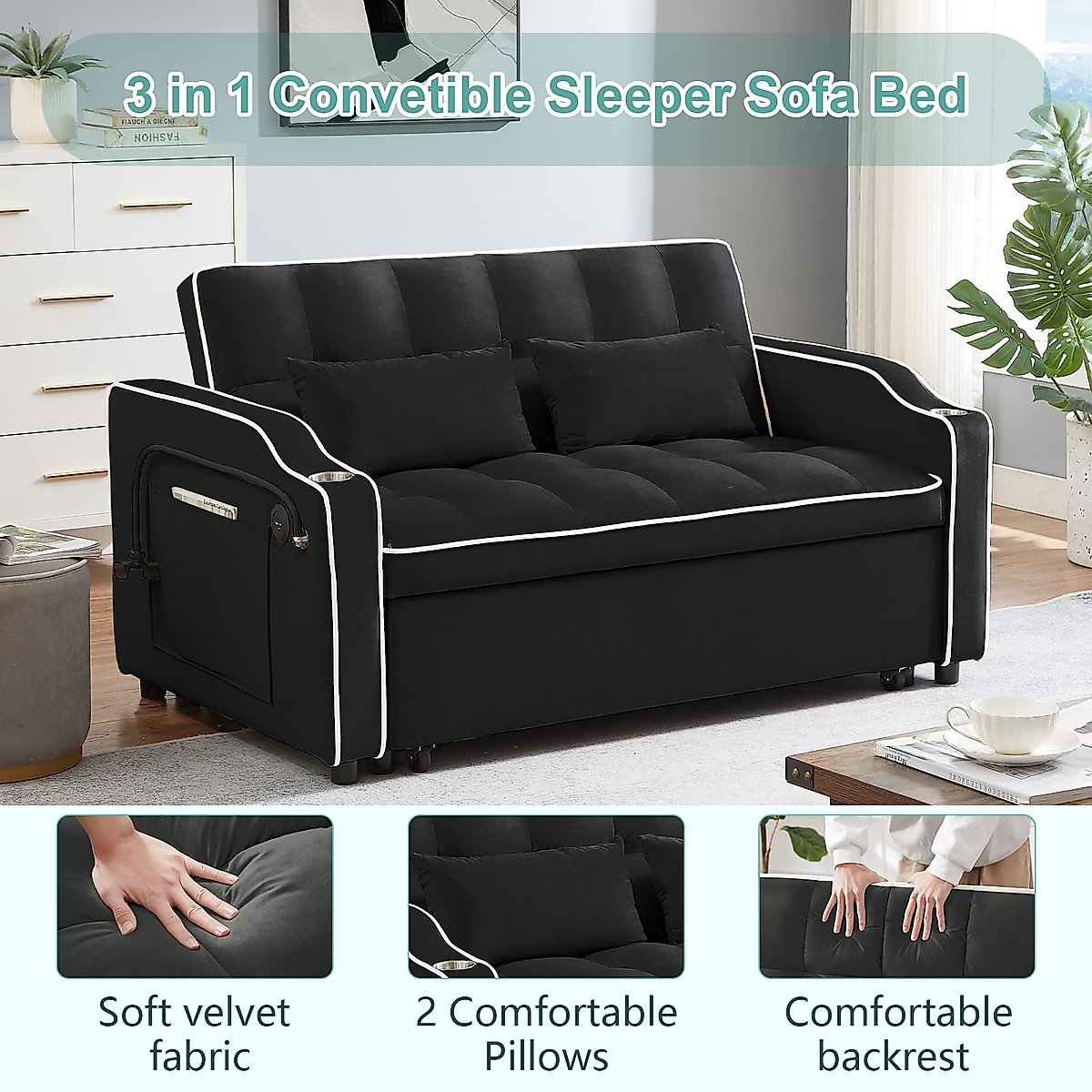 Lakifun Convertible Sleeper Sofa Bed, Modern Velvet Loveseat w/Pull Out Couch, 54.7" Loveseats Sofa w/Adjsutable Backrest, Cup Holders and USB Port, Swivel Phone Stand,Black