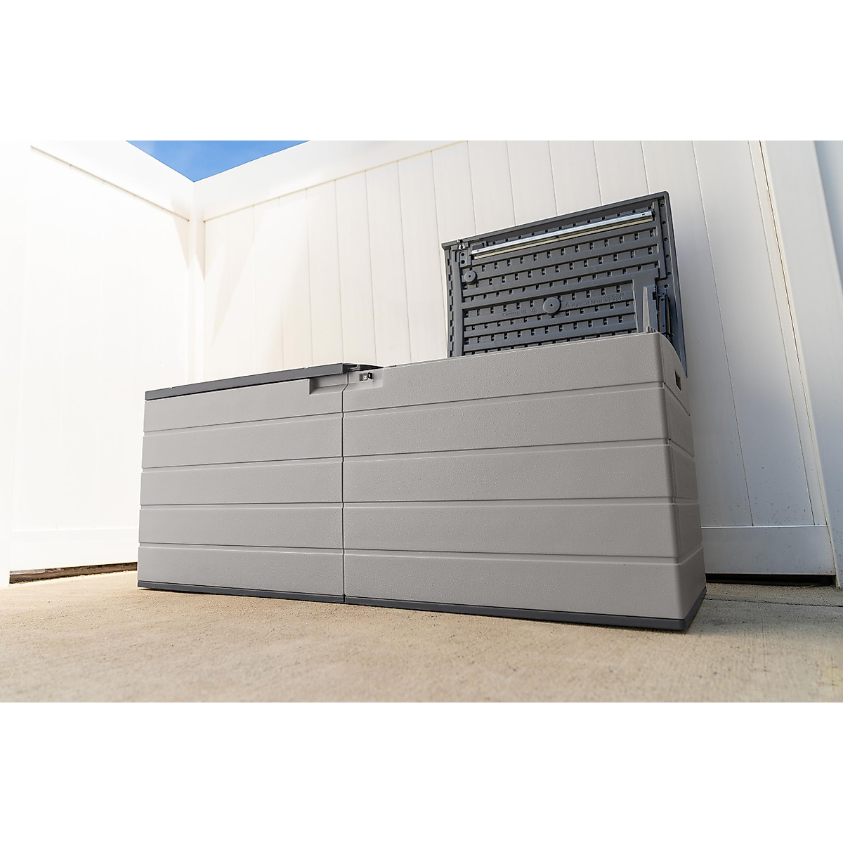 Suncast 120-Gal. All-Weather Patio Deck Box with Pad-Lockable Split Top Lid, Extra-Large Outdoor Storage Unit for Patio Furniture and Grill Tools