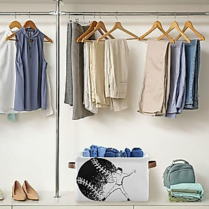 Sletend Baseball Sport Rectangular Storage Bin Foldable Sturdy Organizer Basket with Leather Handles for Organizing Home Office Nursery-1Pack