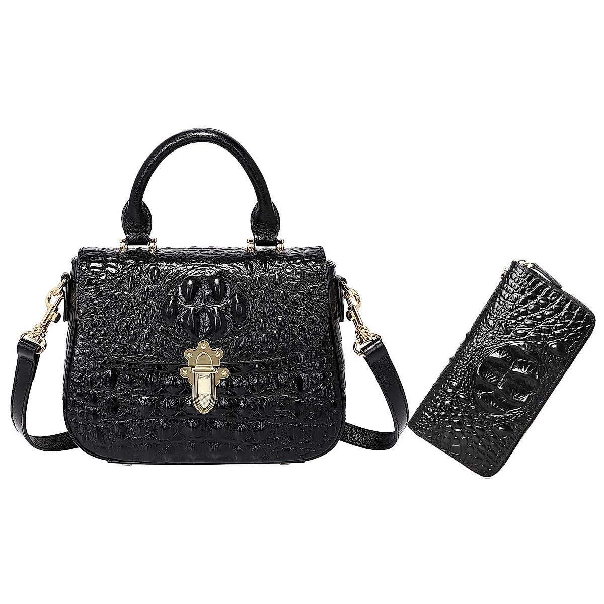 PIJUSHI Designer Genuine Leather Top Handle Satchel Handbag Bundle with Crocodile Leather Wristlet Wallet