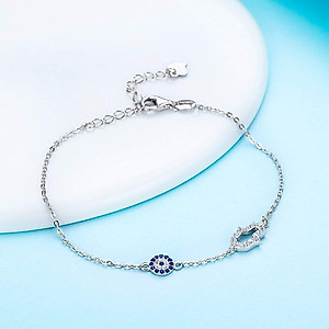 Kaletine Hamsa Hand of Fatima Evil Eye Bracelet Sterling Silver 925 Blue Cubic Zirconia Chain 6.5"+1.5"(Rhodium)